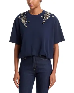 Cinq À Sept Davini Crystal Garden Beaded Cotton T-shirt - Navy/multi