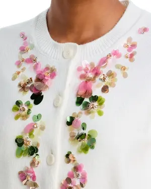 Cinq À Sept Waterfall Paillettes Cotton Blend Crewneck Cardigan