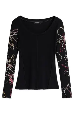 Desigual Floral Embroidered Long Sleeve Scoop Neck Top