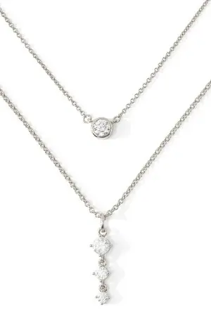 MINT & LILY Classic Bezel Solitaire & Three Stone Drop Necklace Bundle - Silver