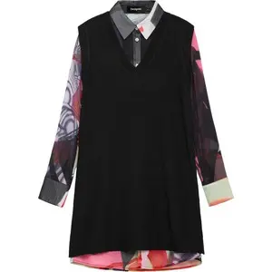 Desigual Long Sleeve Mixed Media Minidress - Black
