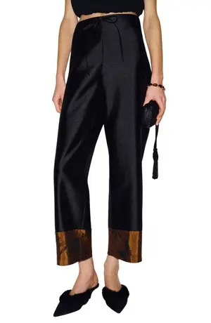 REFORMATION Olina Jacquard Hem Wide Leg Cropped Pants - Black Jacquard Hem