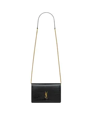 Saint Laurent Cassandre Envelope Chain Wallet In Crocodile-embossed Patent Leather - Black