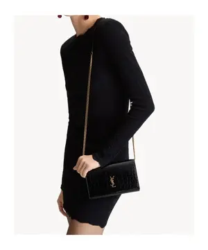 Saint Laurent Cassandre Envelope Chain Wallet In Crocodile-embossed Patent Leather
