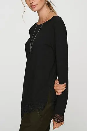 Wilt 100% Cotton Lace Trimmed Asymmetrical Tunic Top - Black