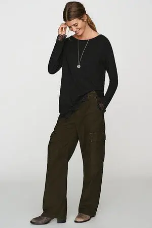 Wilt 100% Cotton Lace Trimmed Asymmetrical Tunic Top - Black