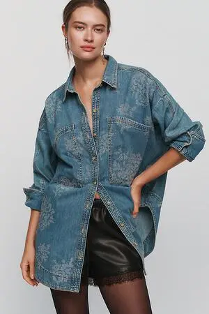 PILCRO Denim Floral Buttondown Shirt - Medium Denim