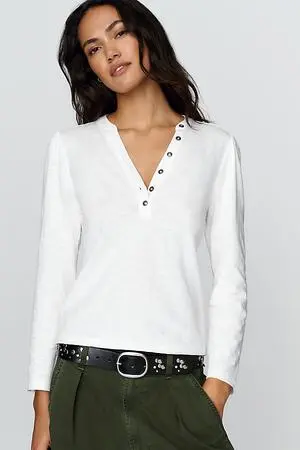 PILCRO Meadow 100% Cotton Henley Tee - Ivory