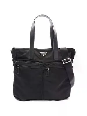 Prada 2010s Triangle Logo Saffiano Leather Tote Bag - Black