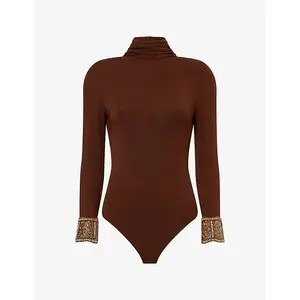 GRACE FAENA Cowl Embellished-cuffs Jersey Bodysuit