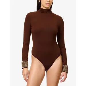 GRACE FAENA Cowl Embellished-cuffs Jersey Bodysuit