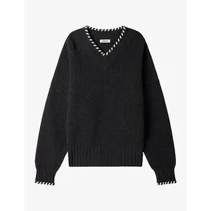 Sandro Braided V-neck Wool-blend Jumper - Grey