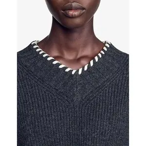 Sandro Braided V-neck Wool-blend Jumper - Grey