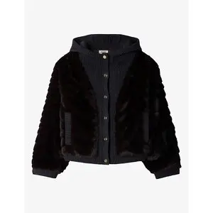 Sandro Hooded Mixed-material Faux-fur And Knit Jacket