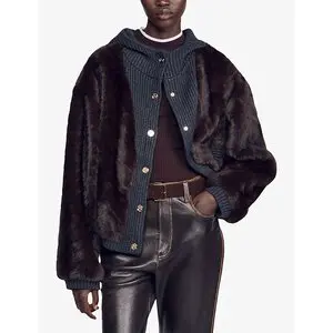 Sandro Hooded Mixed-material Faux-fur And Knit Jacket