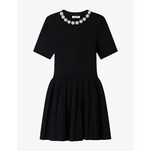 Sandro Bead-embellished Pleated Knitted Mini Dress - Black