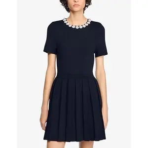 Sandro Bead-embellished Pleated Knitted Mini Dress