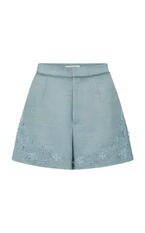 INTO THE EAST Embroidered Silk Mini Shorts - Blue