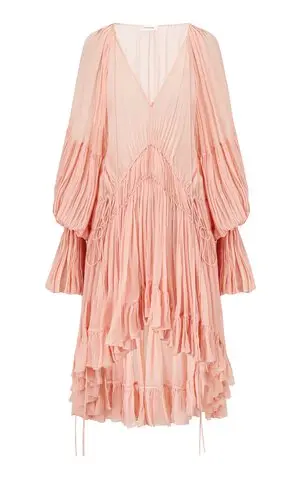 INTO THE EAST Ruffled Silk Midi Dress - Pink