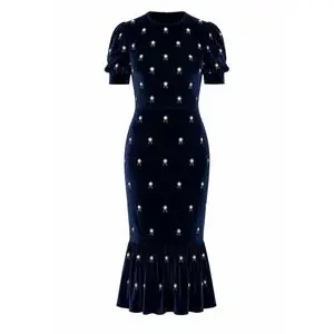ROSE & NANCY Stevie Navy Velvet Hand Embellished Midi Dress - Blue