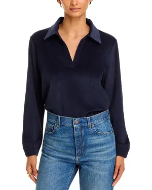 Veronica Beard Issa Long Sleeve Ribbed Polo Shirt - Navy