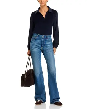 Veronica Beard Issa Long Sleeve Ribbed Polo Shirt - Navy