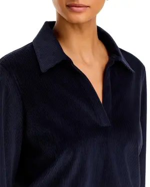 Veronica Beard Issa Long Sleeve Ribbed Polo Shirt - Navy