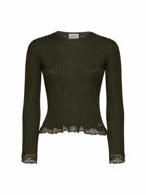Saint Laurent Khaki Ribbed Knit Cassandre Top With Lace Trims - Multicolor