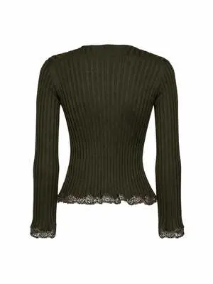 Saint Laurent Khaki Ribbed Knit Cassandre Top With Lace Trims
