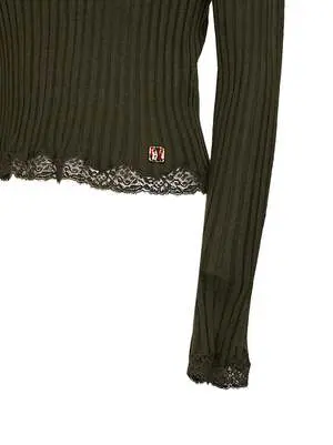 Saint Laurent Khaki Ribbed Knit Cassandre Top With Lace Trims