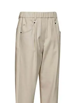Brunello Cucinelli Oat Milk Stretch Cover Baggy Pull-on Trousers With Shiny Bartack