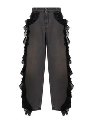 Blumarine Grey Denim Wide-leg Jeans With Lace Ruffles - Multicolor