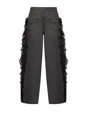 Blumarine Grey Denim Wide-leg Jeans With Lace Ruffles