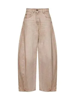 Brunello Cucinelli Desert Beige Authentic Denim Wide Jeans With Monili