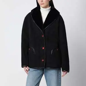 BLAZÉ MILANO Smiley Mini Shearling Jacket With Button Front & Leather Trims - Black