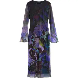 Desigual Lacroix Leaf Print Mesh Midi Dress - Blue