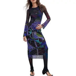 Desigual Lacroix Leaf Print Mesh Midi Dress - Blue