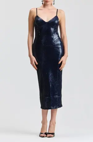 Avec Les Filles Sequined Bustier Midi Dress - Navy