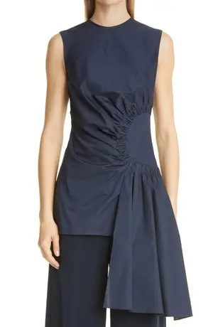 Lela Rose Asymmetrical Ruched Poplin Top - Navy