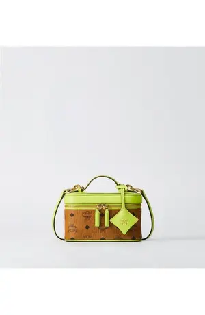 Mcm Mini Aren Vanity Case In Visetos Leather Mix - Cognac