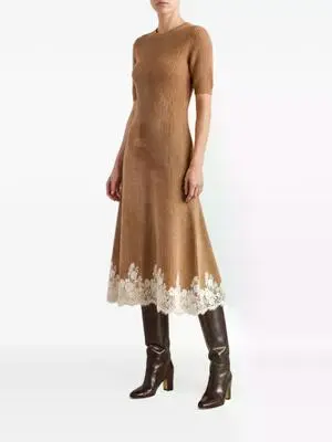 Alberta Ferretti Lace-trim Ribbed-knit Midi Dress