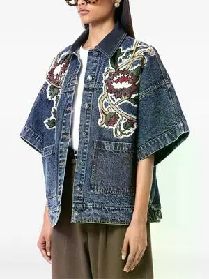 DHRUV KAPOOR Floral-embroidered Leather-collar Denim Jacket