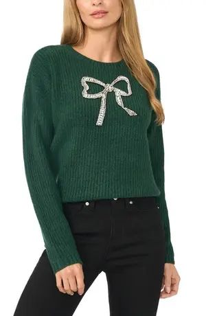 CECE DUPRAZ Rhinestone Bow Ribbed Crewneck Sweater