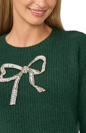 CECE DUPRAZ Rhinestone Bow Ribbed Crewneck Sweater