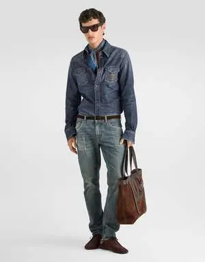 Dolce & Gabbana Gold Shirt In Denim With Patch - Blue