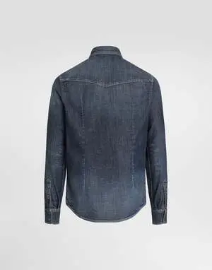 Dolce & Gabbana Gold Shirt In Denim With Patch - Blue
