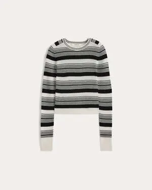 EVERLANE Cropped Crew Neck Sweater Top, Ultrafine Merino, Bone/Black, Size XXS