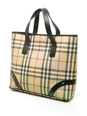 Burberry 2000-2017 Studded Leather Trimmed House Check Canvas Tote Bag - Neutrals