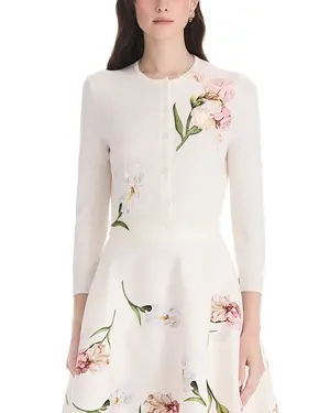 Oscar De La Renta Embroidered Wool Crewneck Cardigan