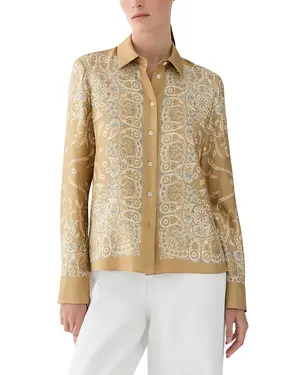 Lafayette 148 New York Silk Button Down Paisley Blouse - Wheat Multi